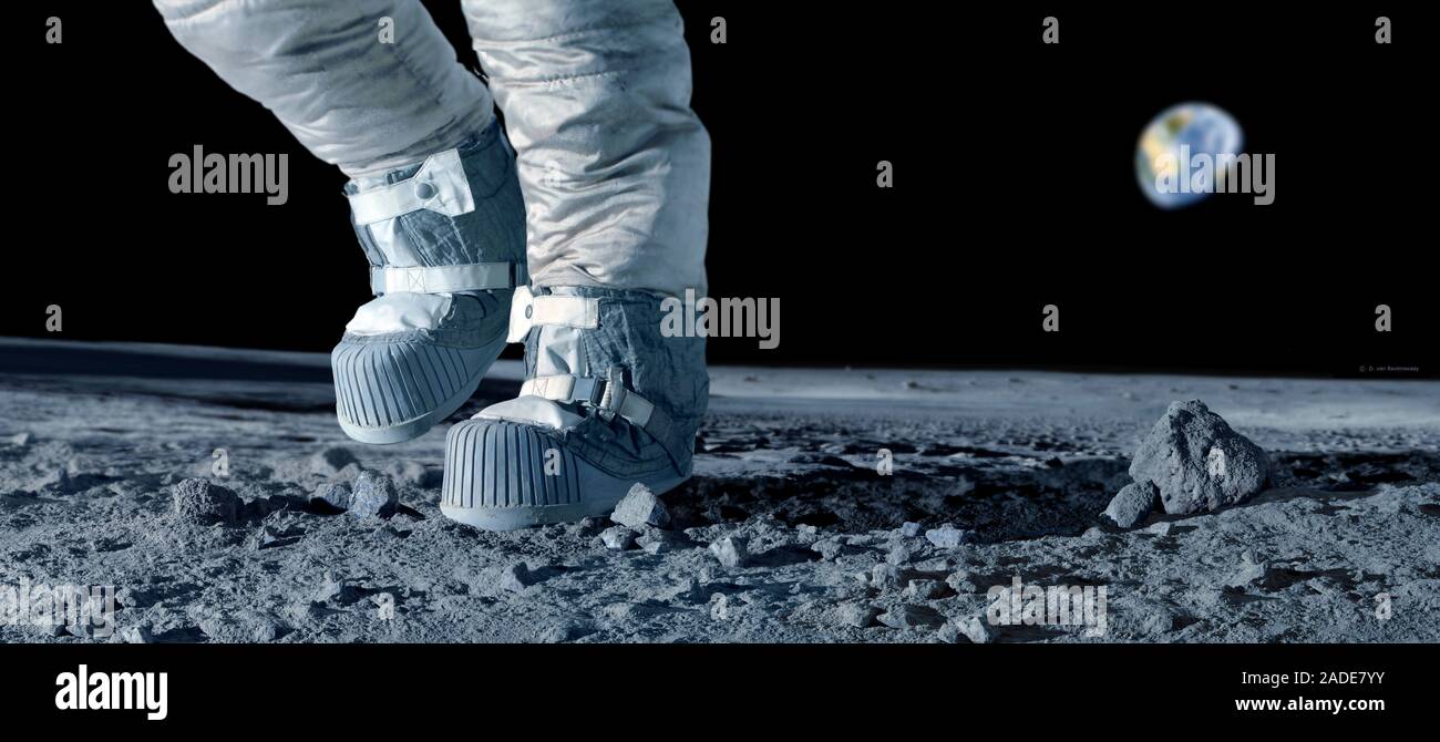 Walking on the Moon. Illustration of an Apollo astronaut taking a step ...
