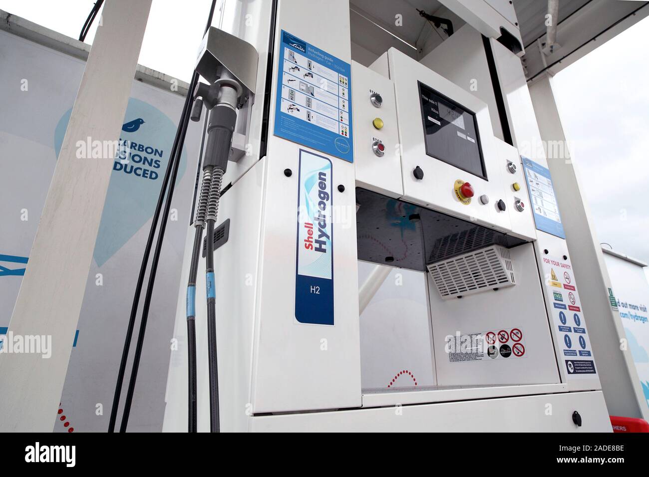 Hydrogen fuel pump at a roadside service station. In hydrogen-powered ...