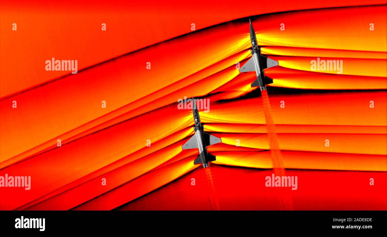 Supersonic aircraft shockwave research. Schlieren image of shockwaves ...