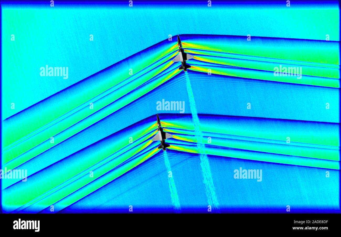 Supersonic aircraft shockwave research. Schlieren image of shockwaves ...