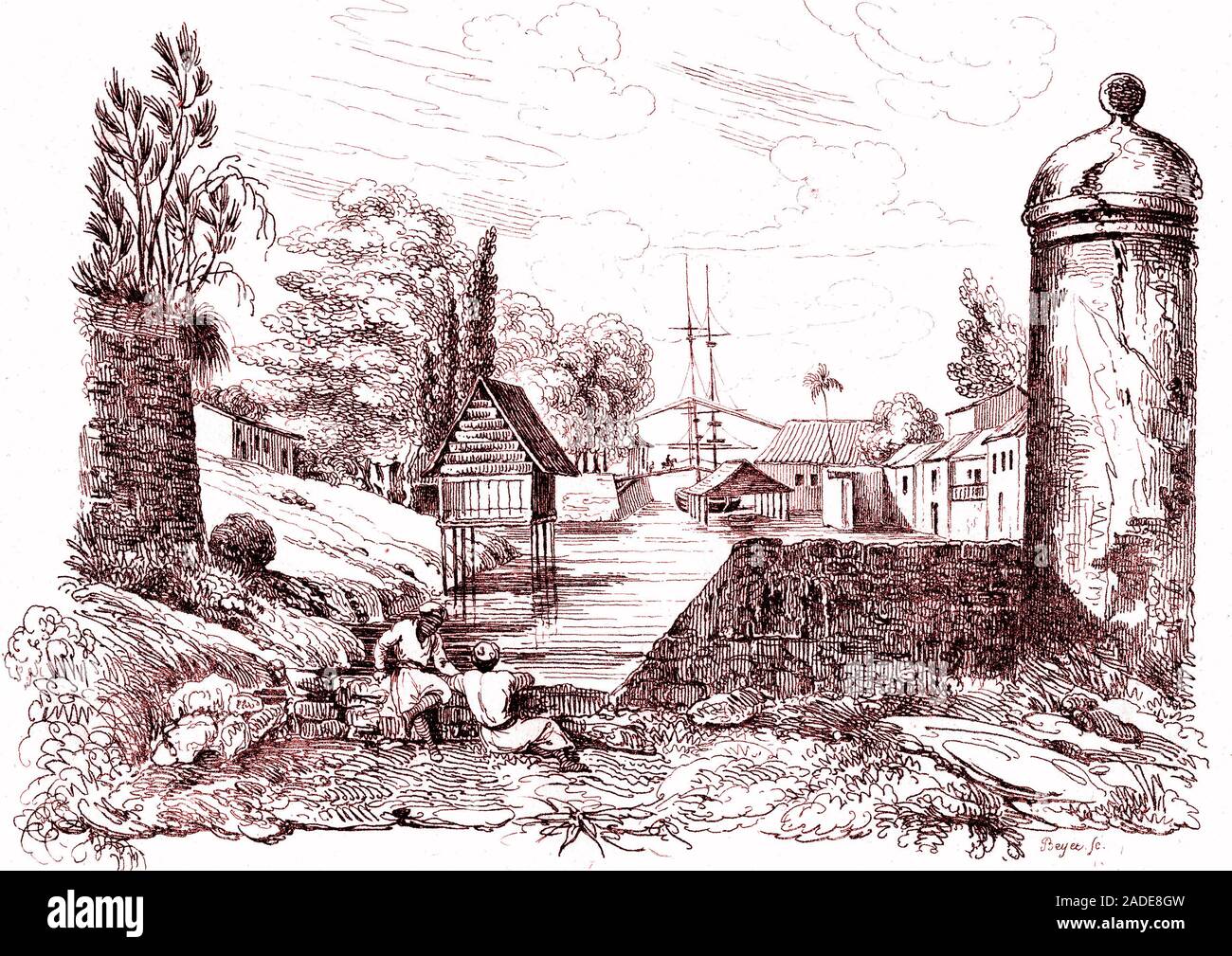 Port of Malacca, 18th century. Historical illustration of a scene from ...