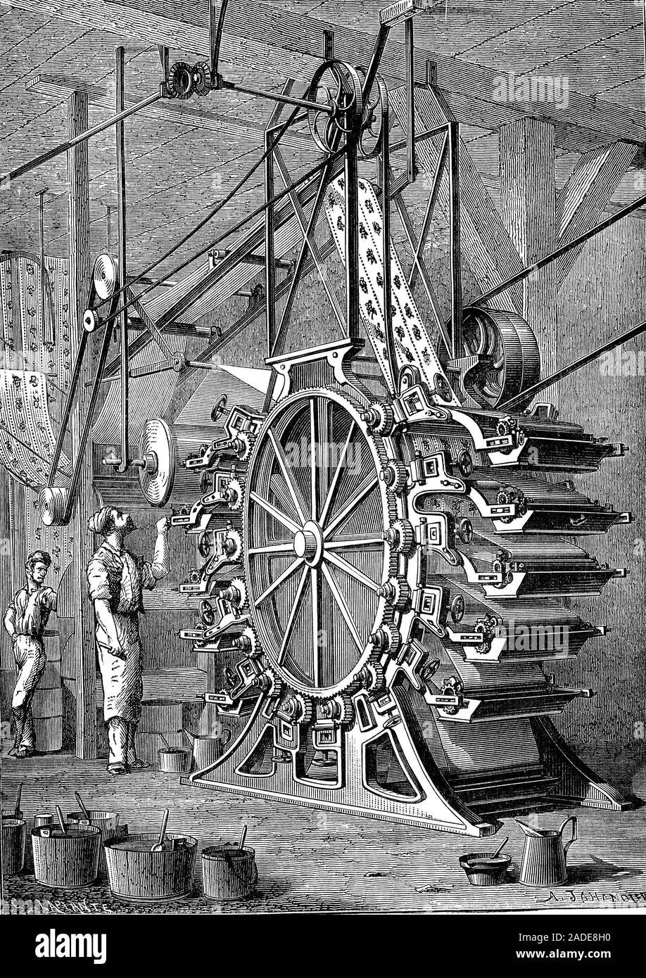 Printing press, 19th-century illustration. This printing machine prints ...