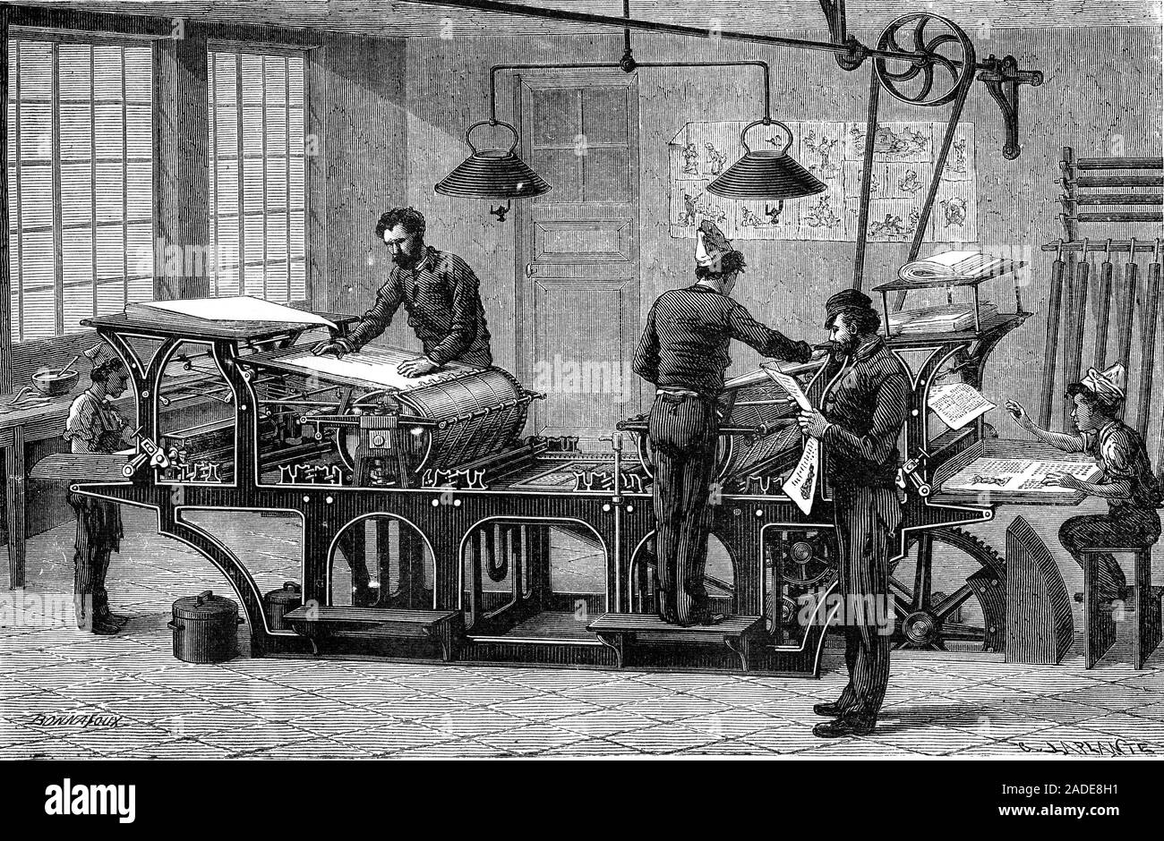 Printing press, 19th-century illustration. This is a double printing ...