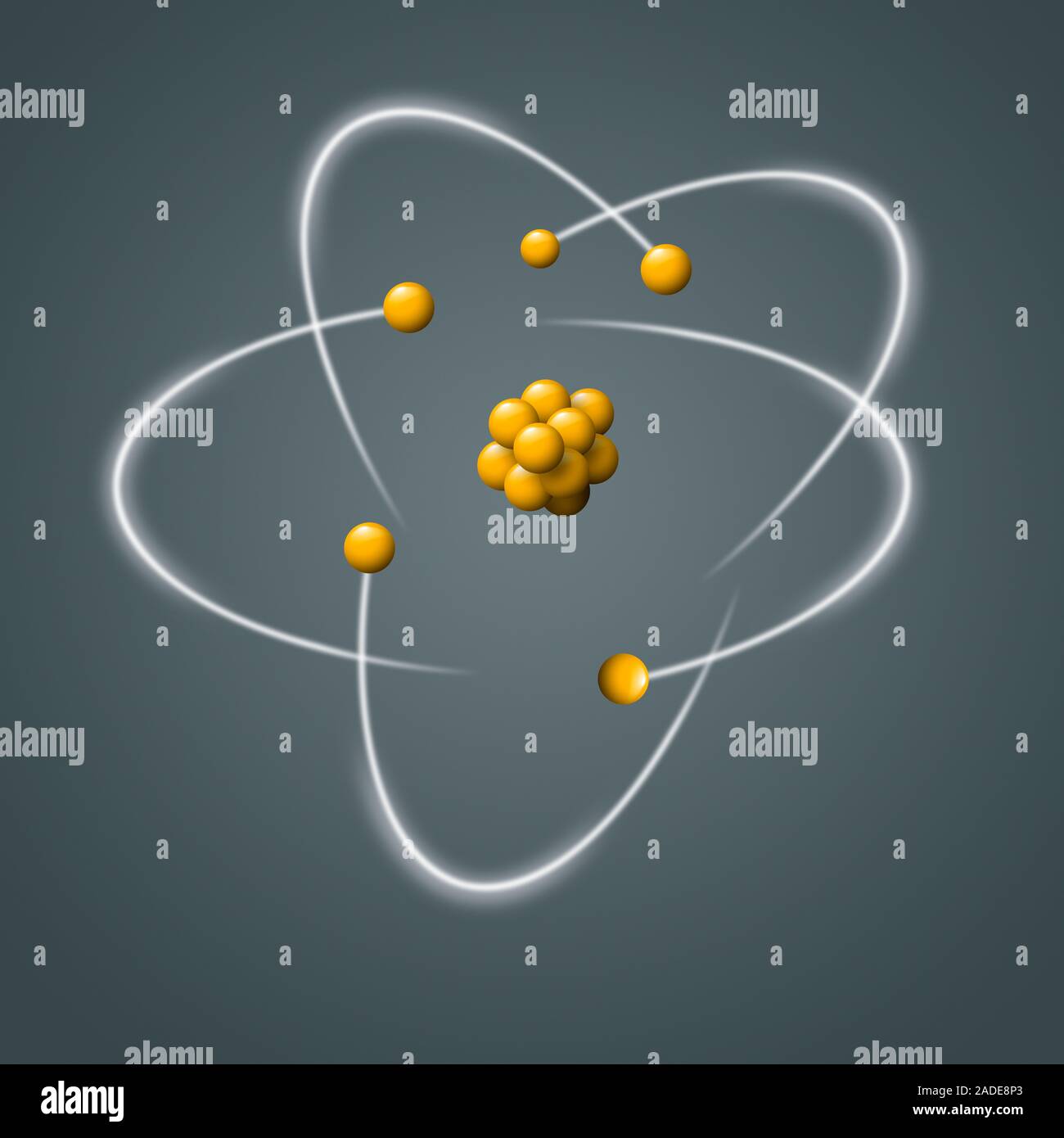 Yellow atomic nucleus surrounded by moving electrons on grey background ...