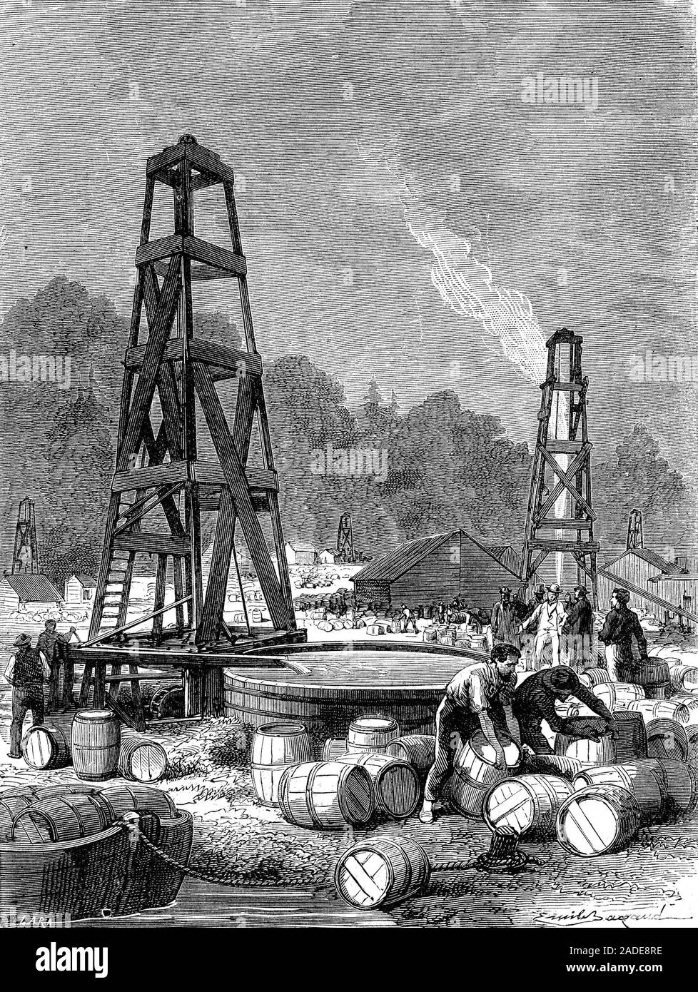 Pennsylvania oil rush. 19th-century illustration of oil wells and ...