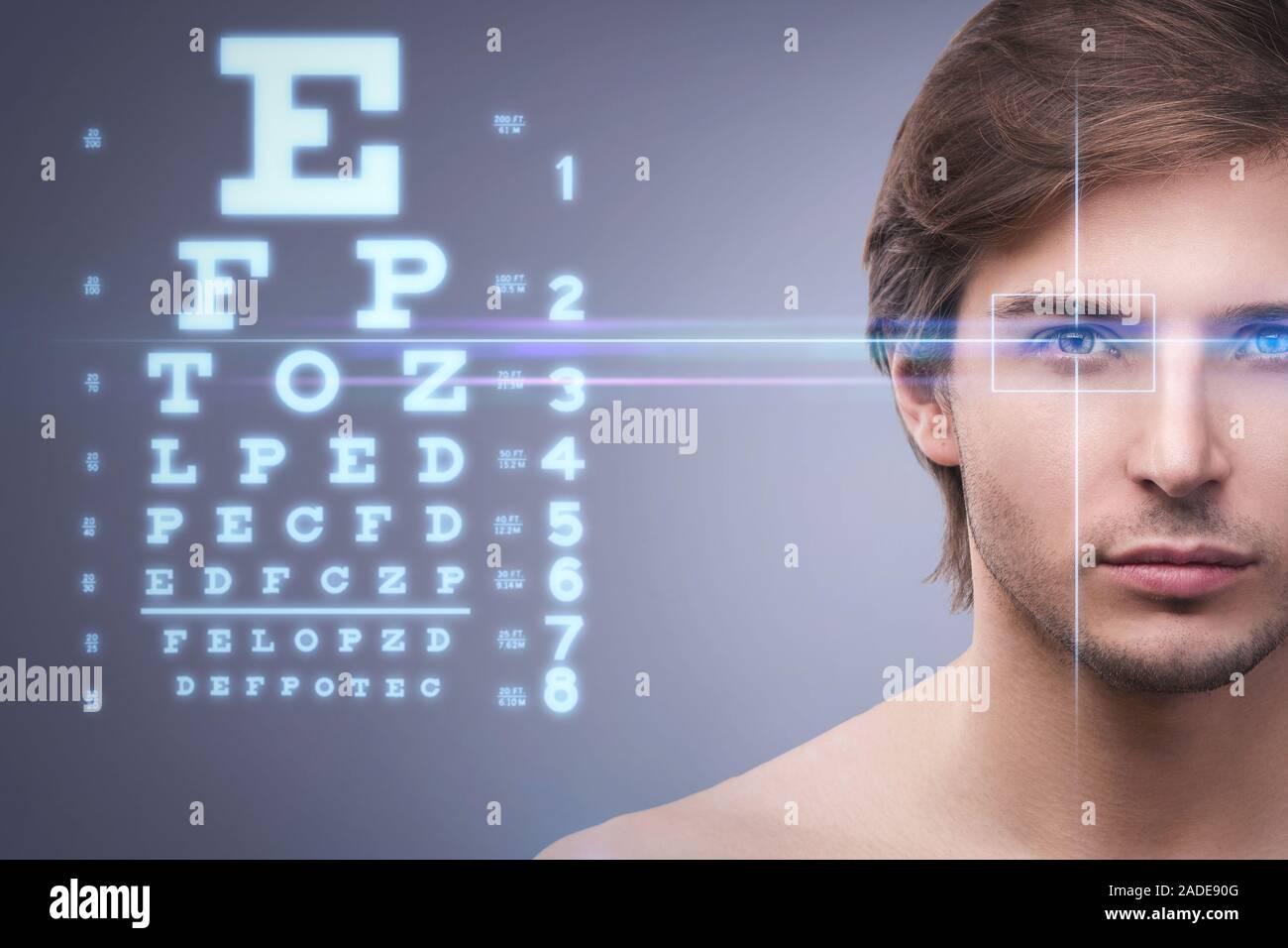 Male face and eye chart. Eyesight concept Stock Photo - Alamy