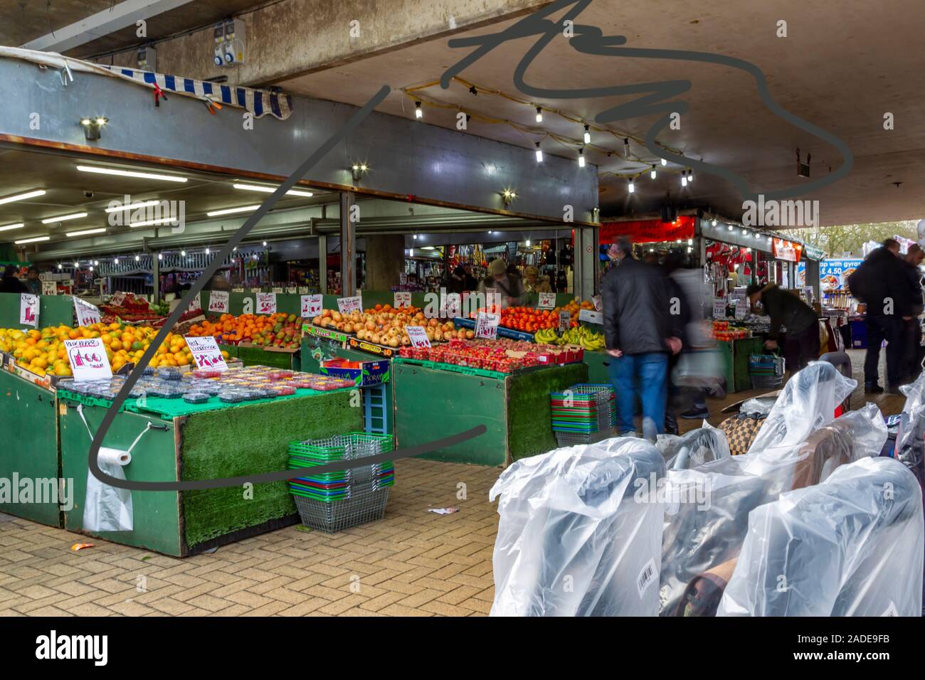 Open market. CMK, with Midsummer Boulevard (Blvd) running overhead, Centre Milton Keynes ...