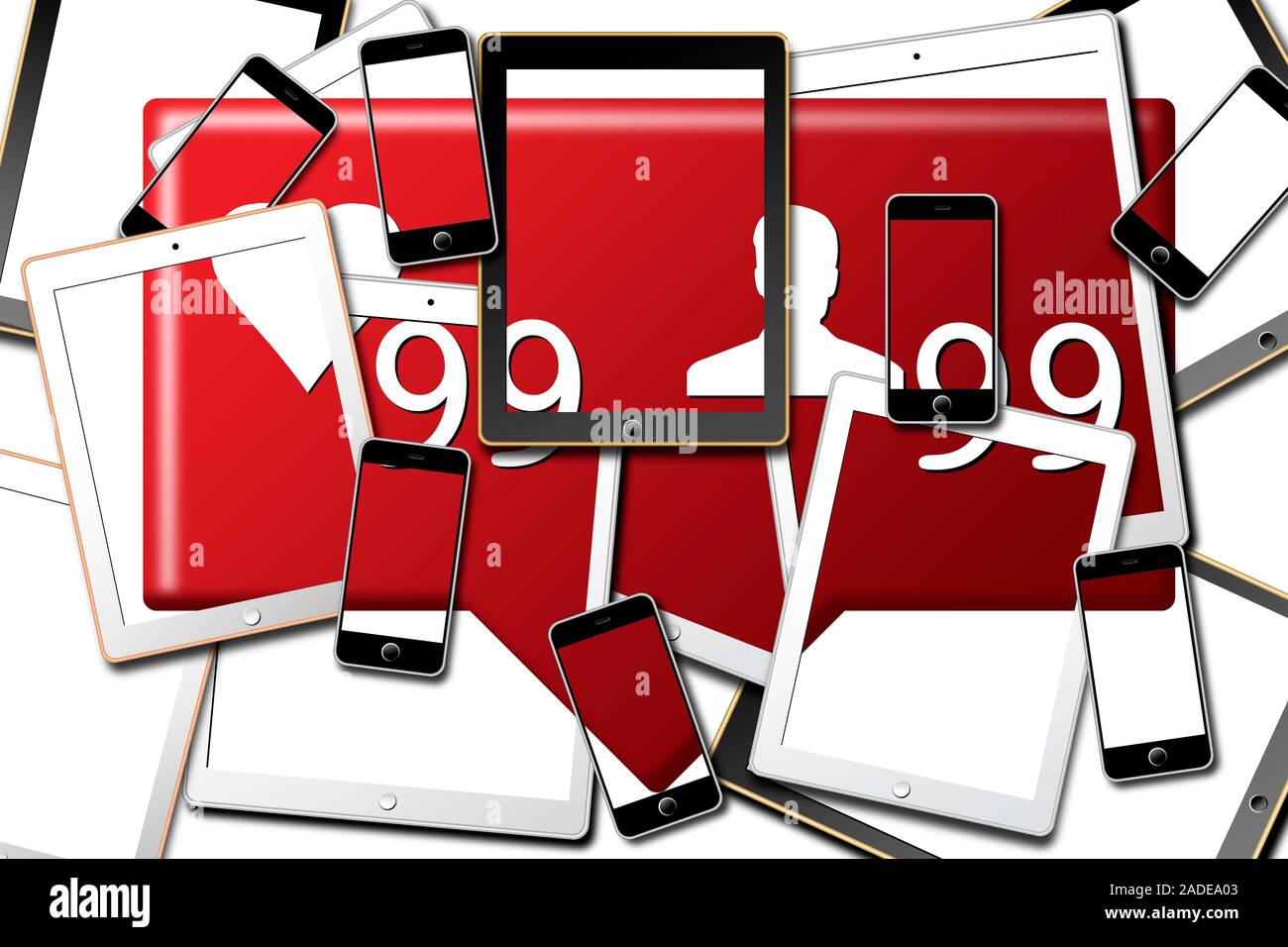 Digital tablets and smartphones overlapping each other with coordinated screens, composite image ...