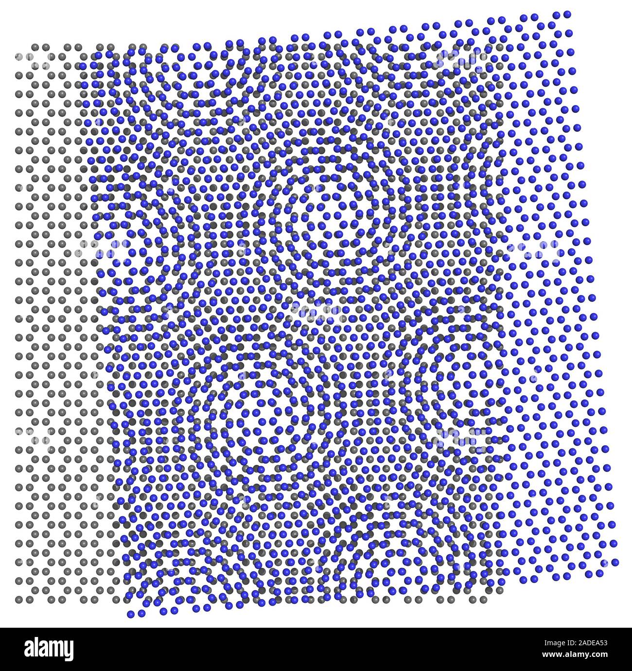Atomic-scale moire patterns in graphene, illustration. Moire patterns appear when two or more ...