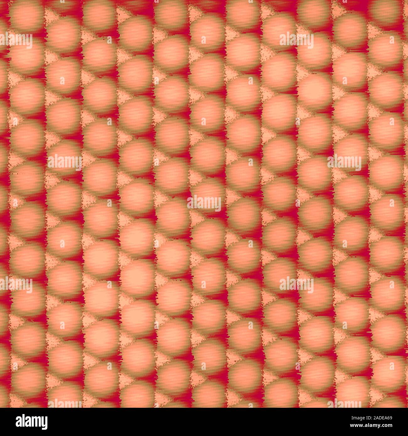 Lattice of copper atoms, coloured scanning tunelling micrograph (STM ...
