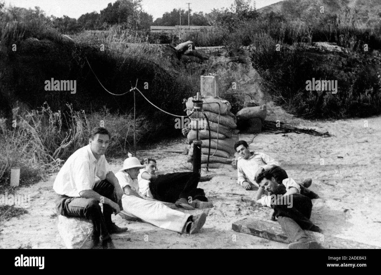 Early rocket research at future JPL site, 1936. Static motor tests in ...