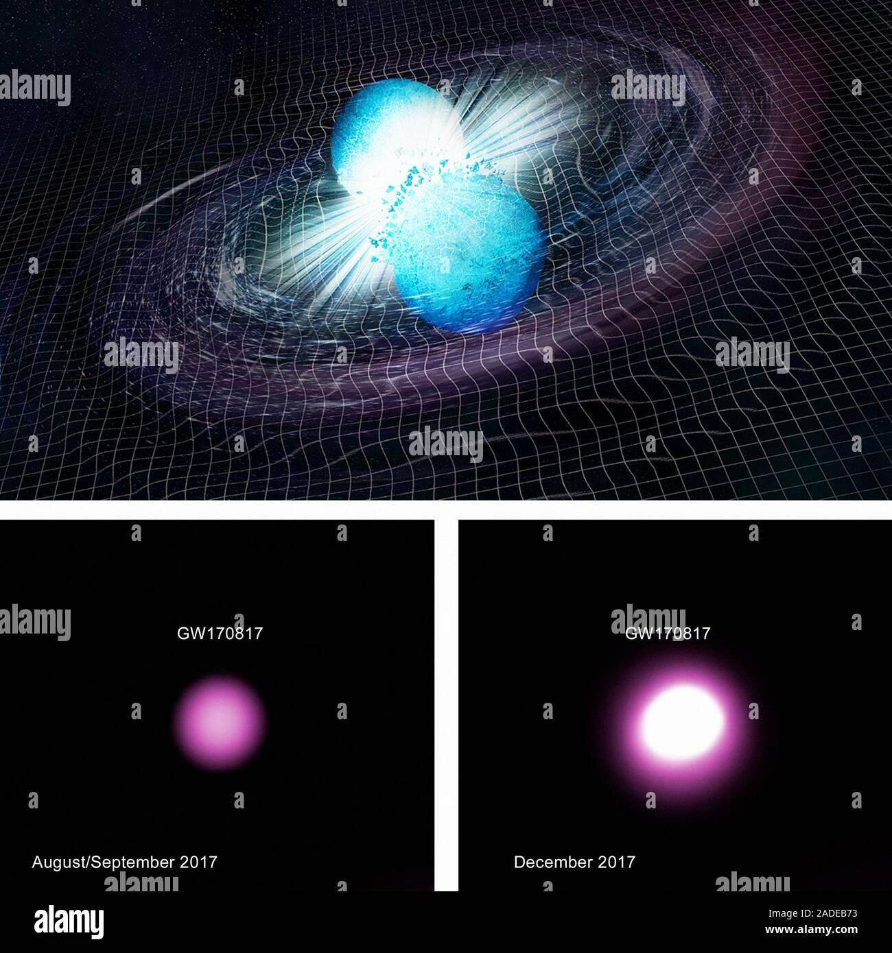 Neutron star merger, illustration and X-ray images. Two separate stars ...