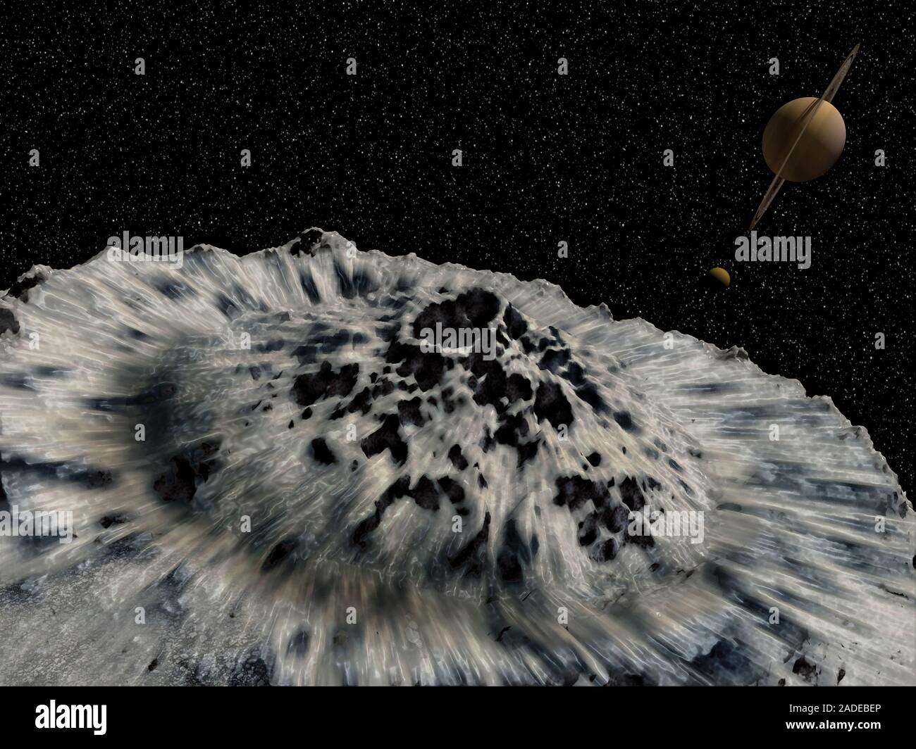 Saturn from its moon Hyperion, illustration. This irregular shaped moon ...