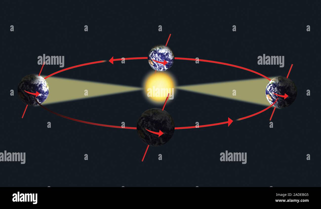 Earth's orbit and solstices and equinoxes, illustration. The Earth is ...