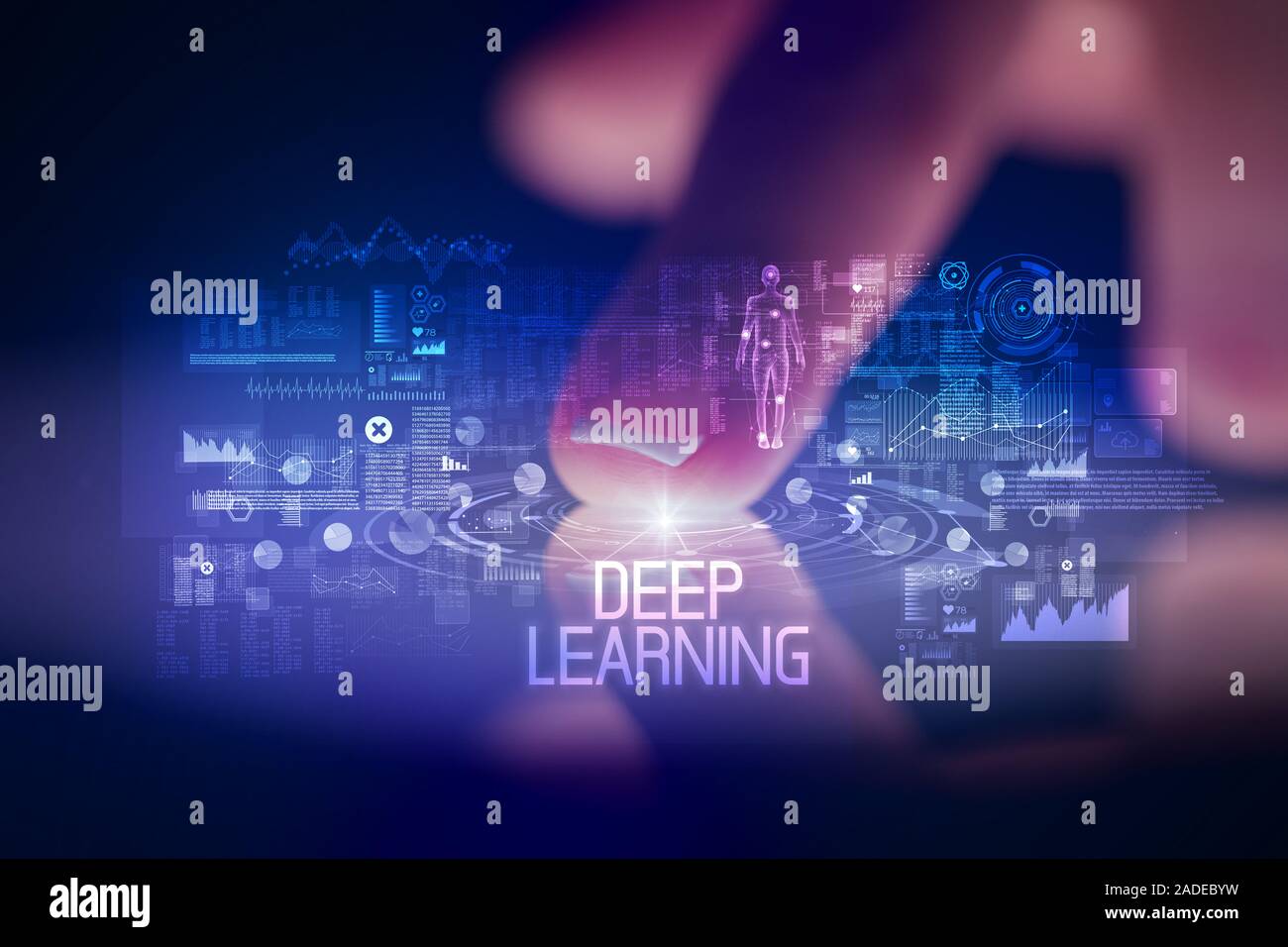 Finger touching tablet with web technology icons and DEEP LEARNING ...