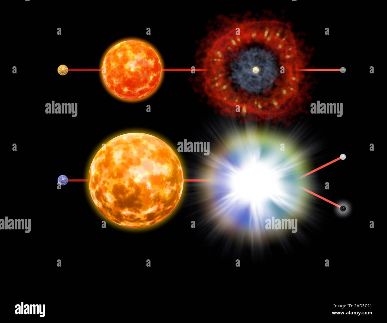Stellar evolution for different masses, illustration. Across top is the ...