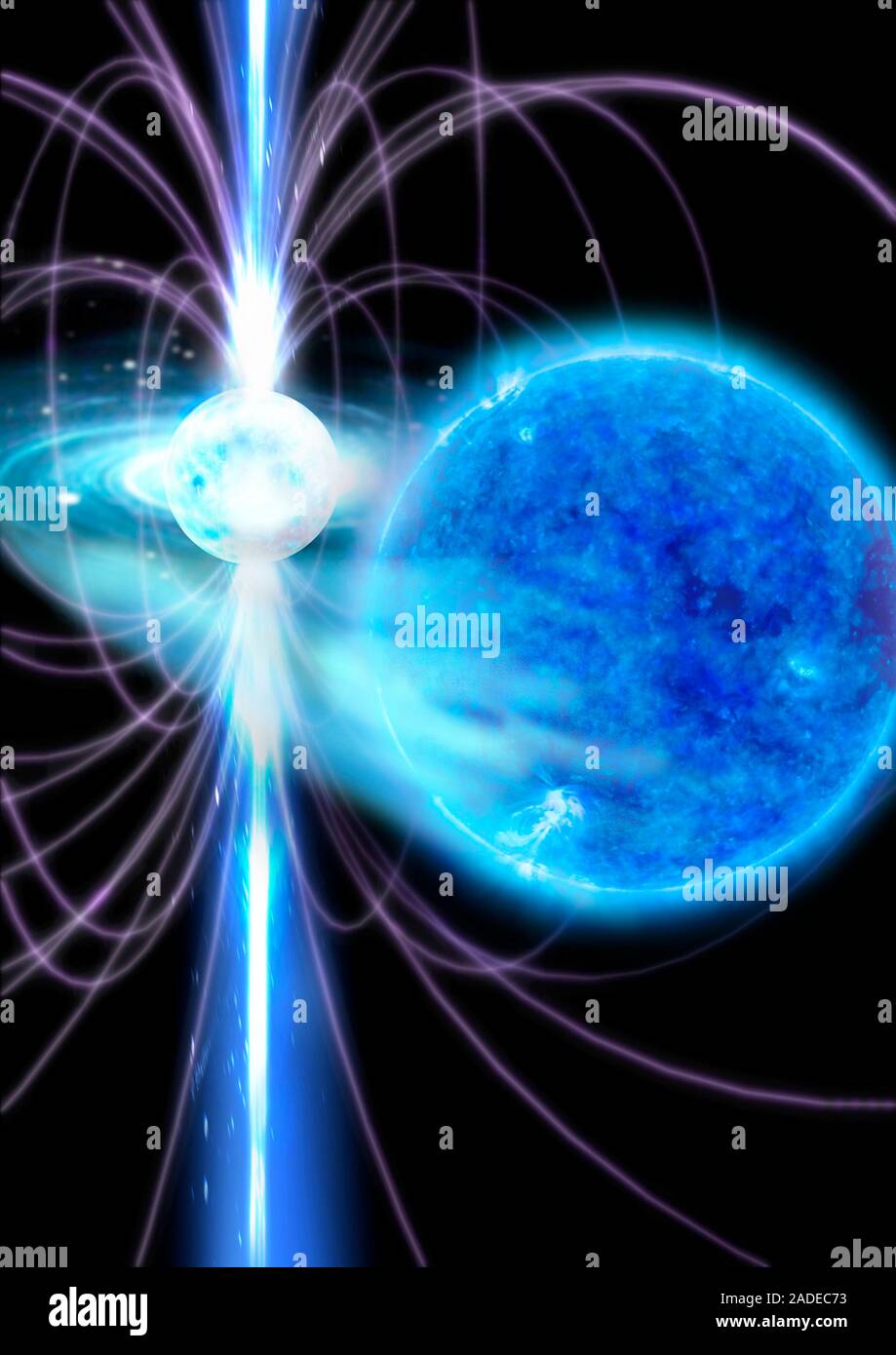 Illustration of a high mass X-ray binary star system. A blue giant star ...