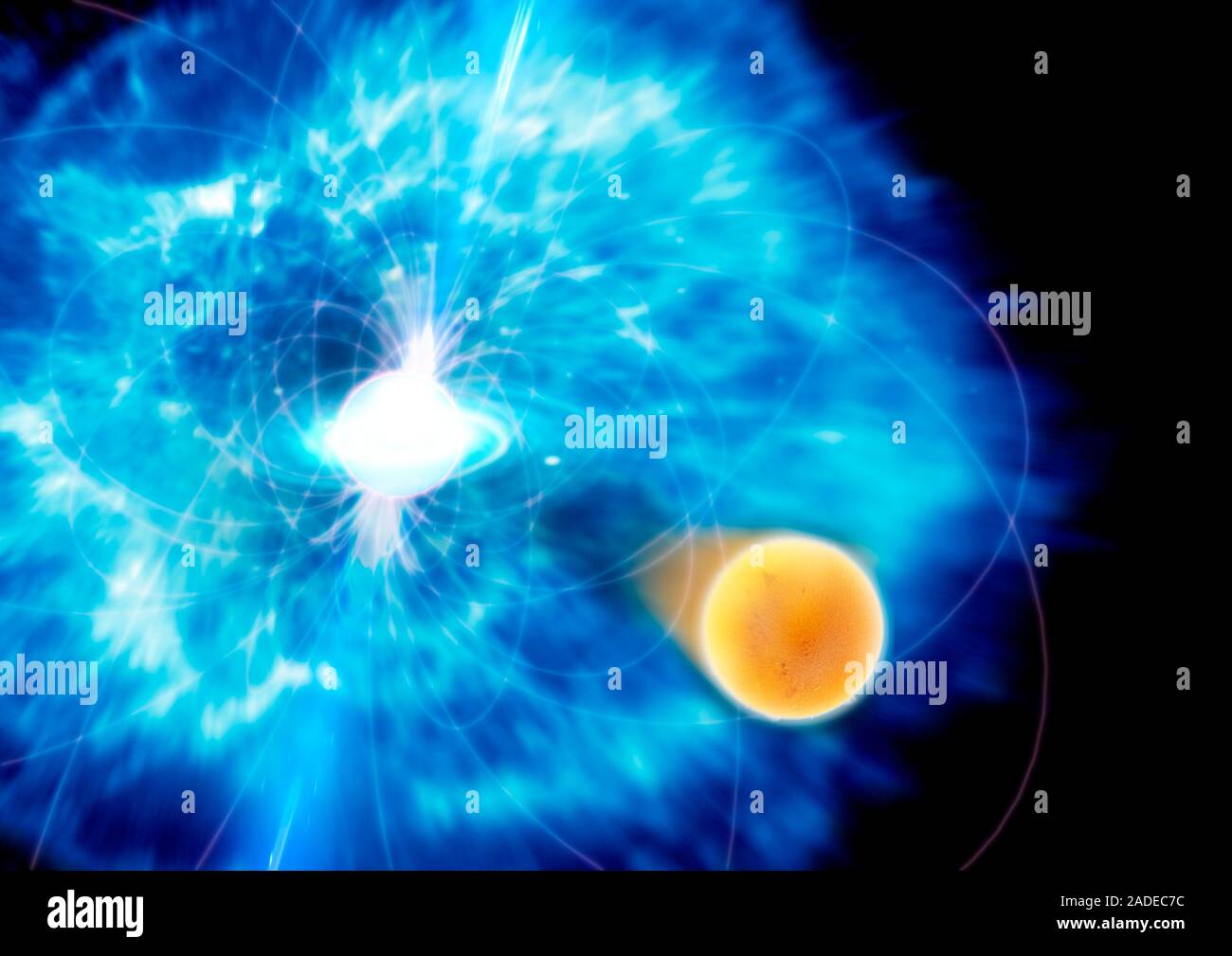 Illustration of a star explosion in a binary system. When a star runs ...