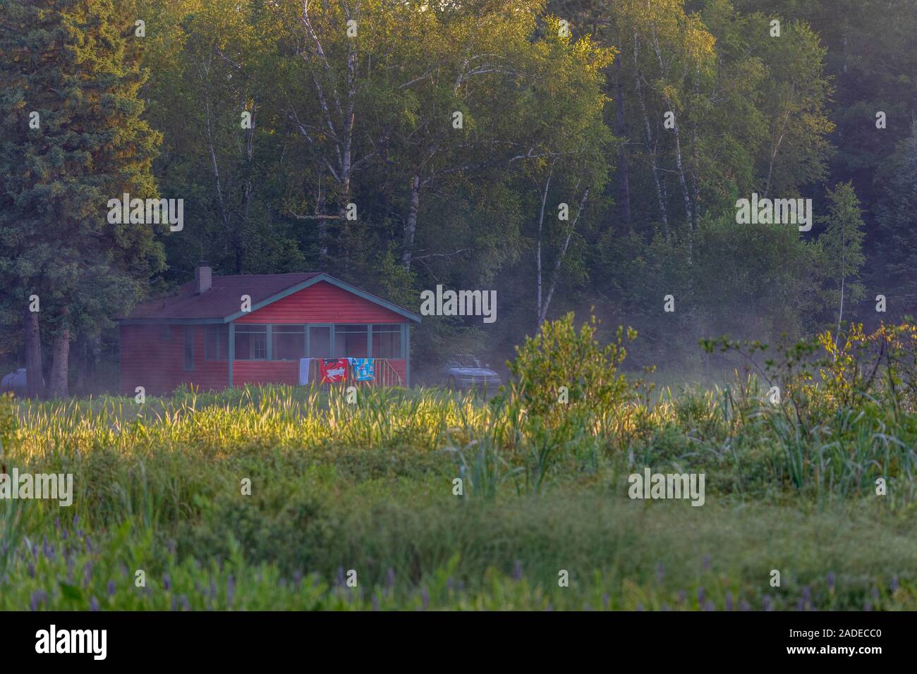 Early morning mist rises over a vacationer's cabin in northern ...