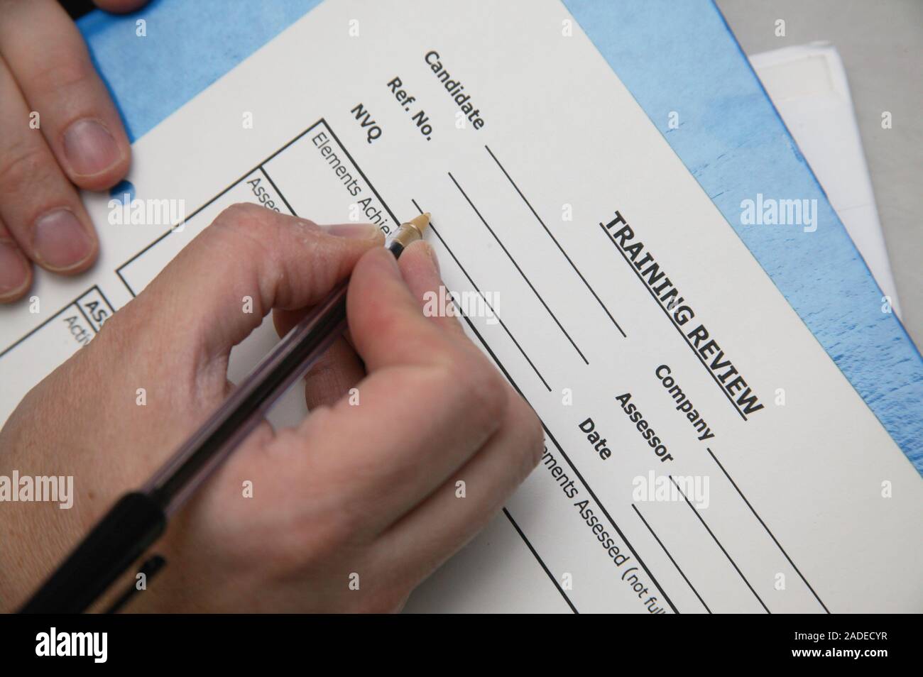 NVQ assessor filling in Training Review form Stock Photo - Alamy