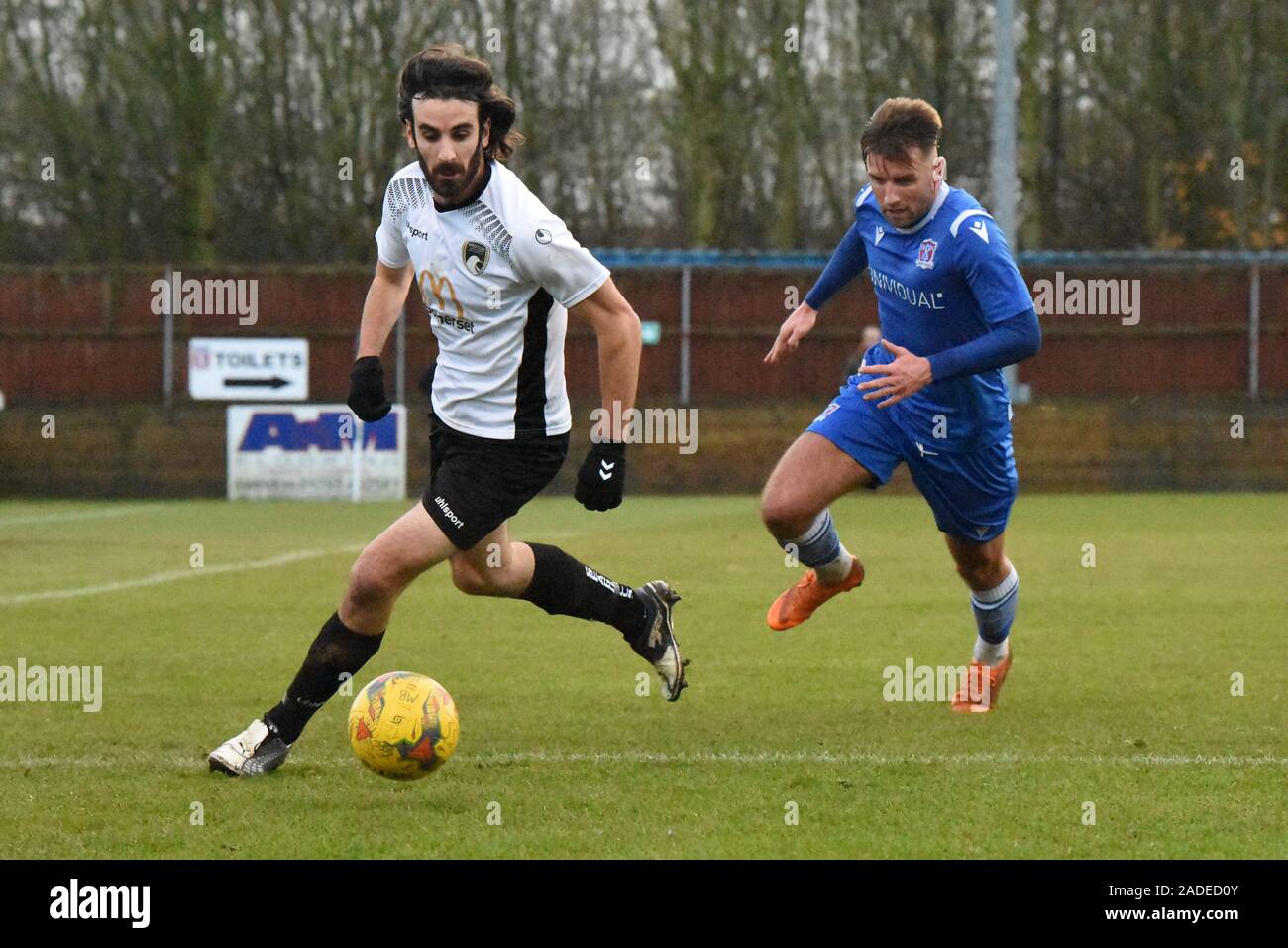 Jake Mawford from Weston-Supermare defending a incoming corner kick ...