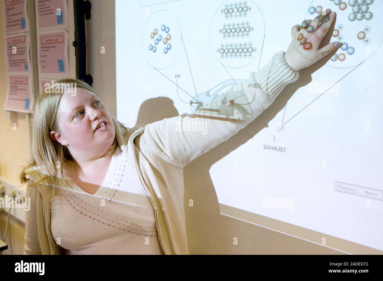 Secondary School teacher pointing at diagram projected onto a ... Secondary School teacher pointing at diagram projected onto a ...