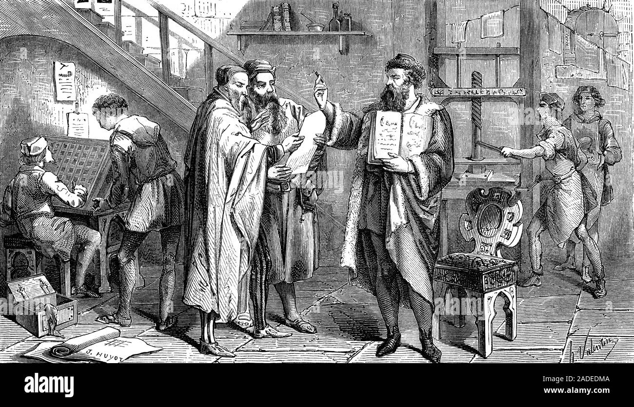 Printing press in the 15th century, illustration. German inventor ...