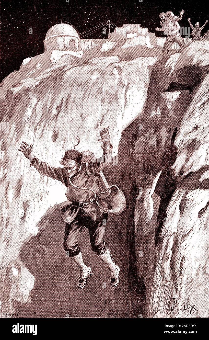 Lunar explorers. 19th-century illustration of a scene from a science ...