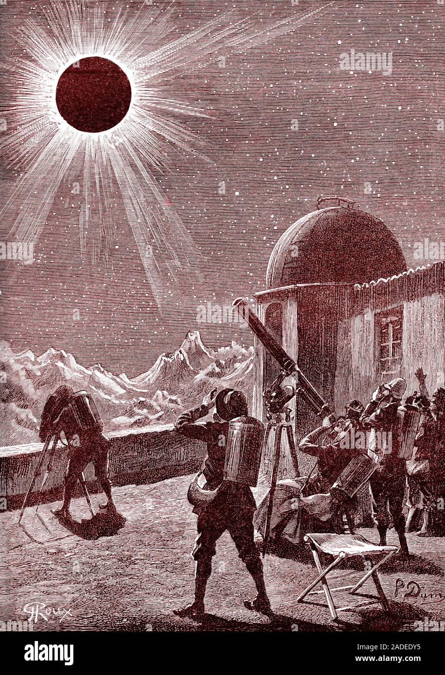 Solar eclipse from the Moon. 19th-century illustration of a scene from ...