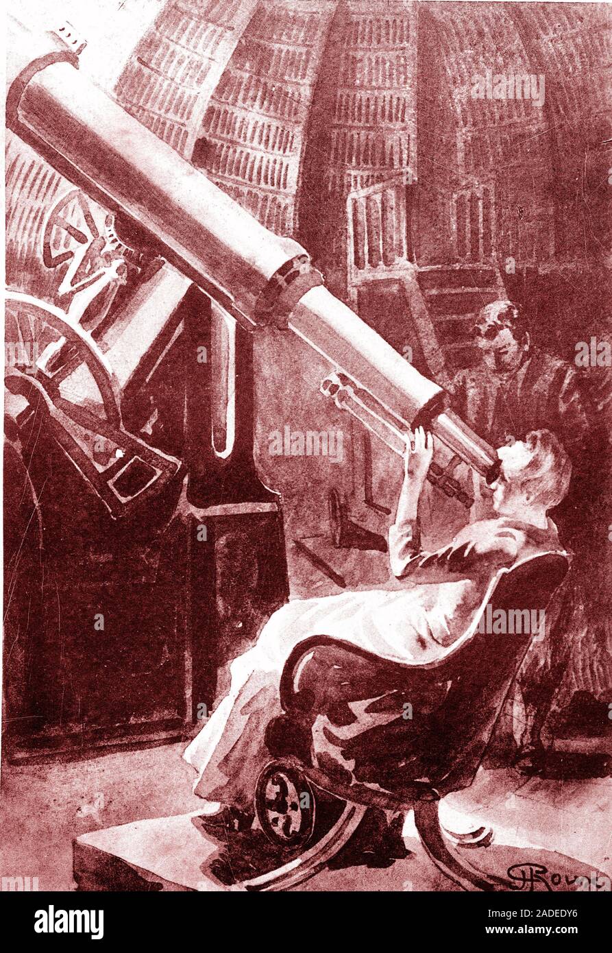 Solar eclipse from the Moon. 19th-century illustration of a scene from ...