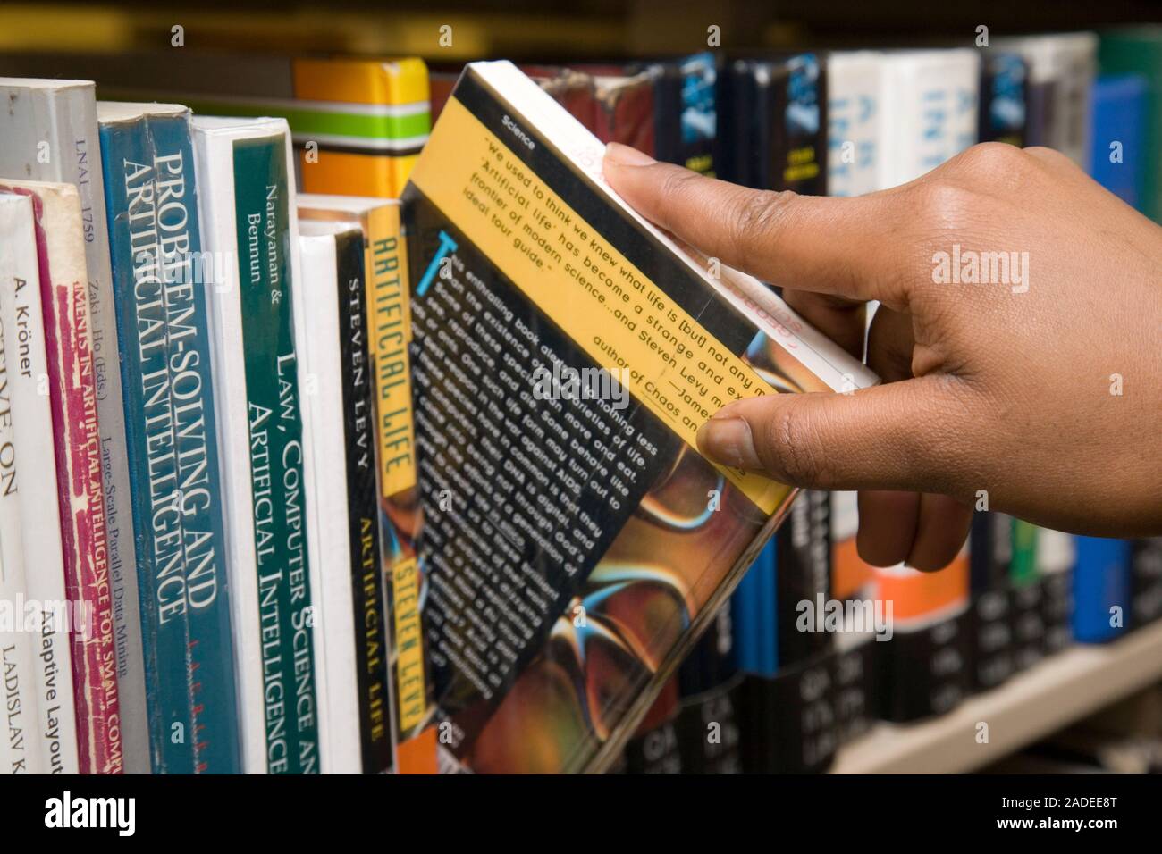 University student pulling a book off the shelf in the college library ...