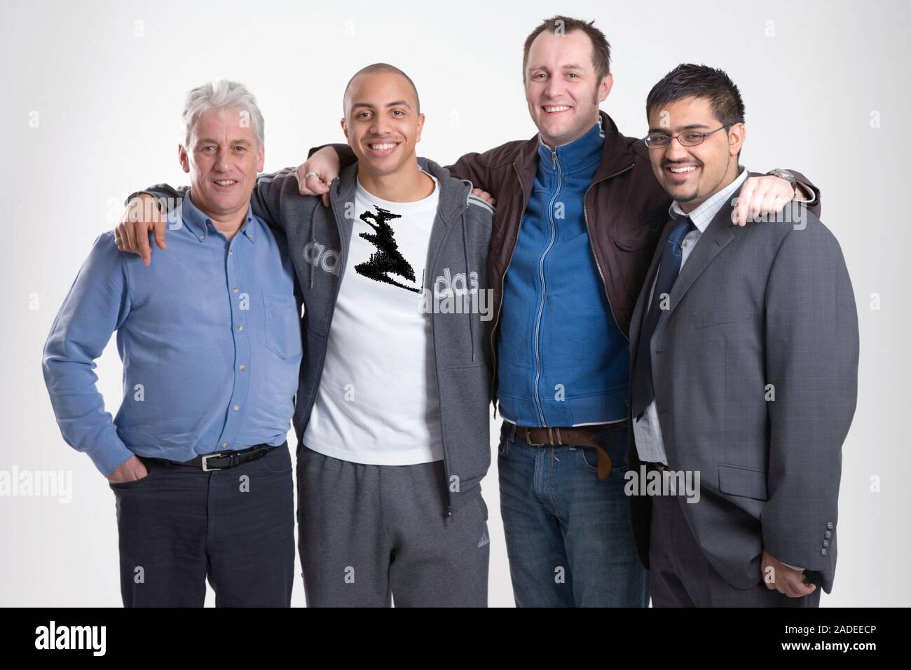 A group of men of different ages, standing together, smiling. Cleared ...
