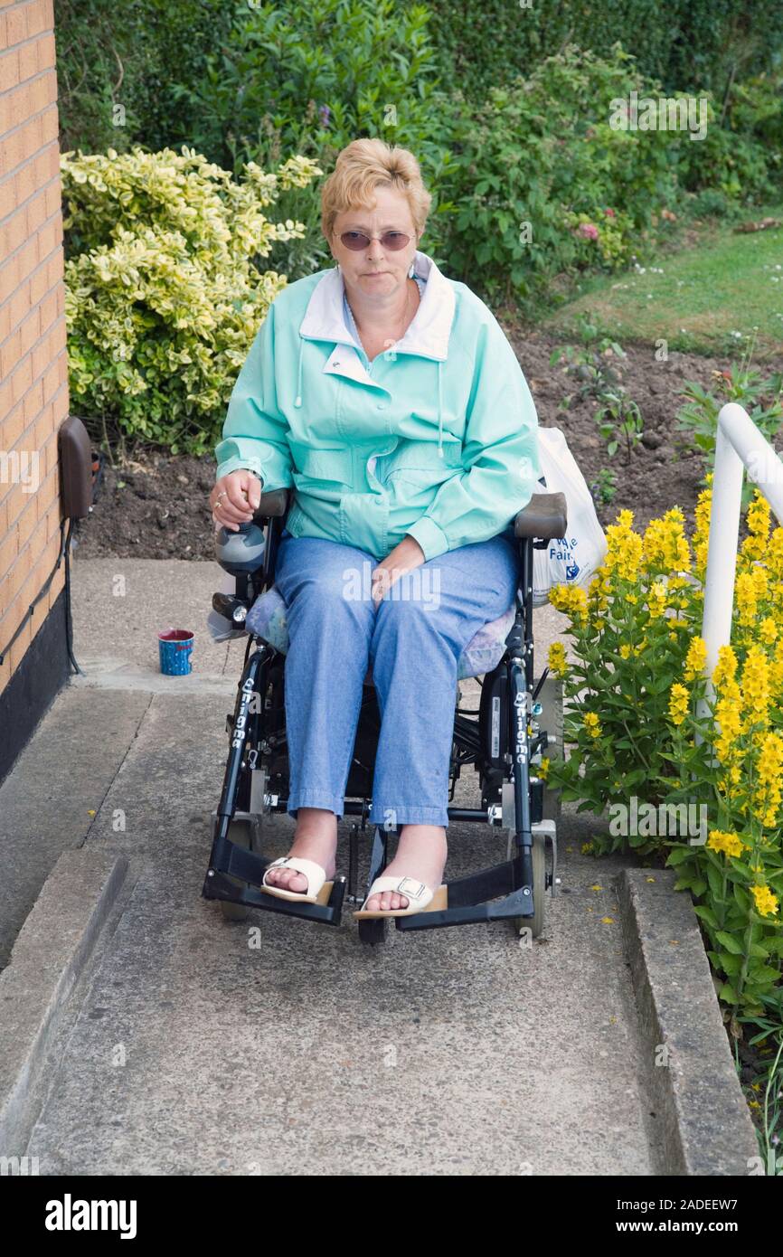 Woman wheelchair user entering her home using a concrete ramp Stock ...