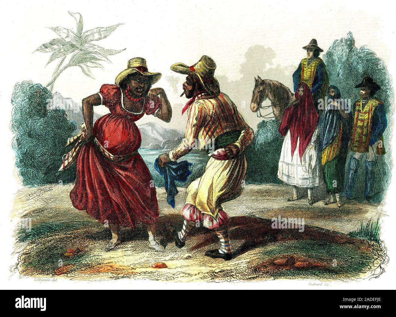Peruvian dancers, 19th-century illustration. Couple performing a ...