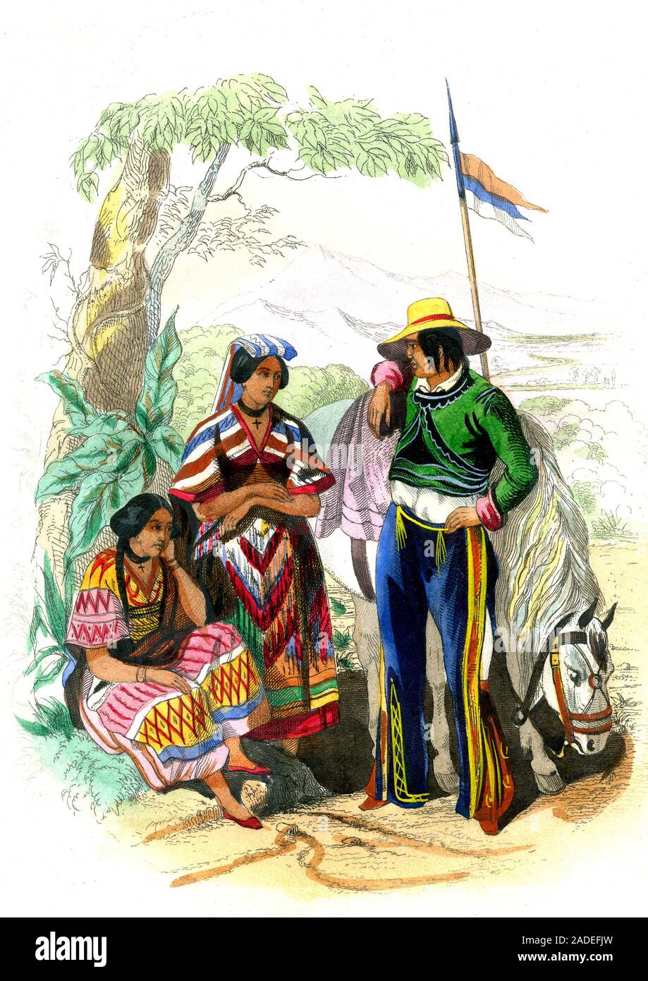 Mexican women with warrior, 19th-century illustration. The women at ...