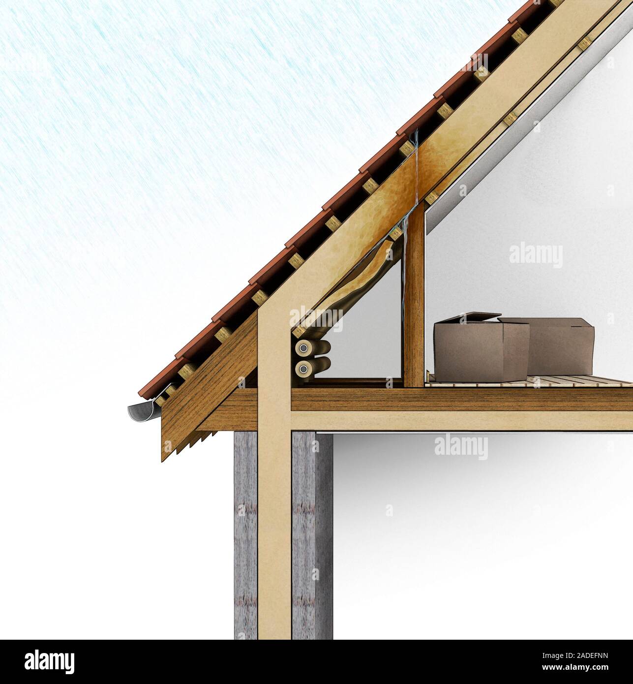 Leaking roof caused by a broken tile, illustration. Water entering the ...