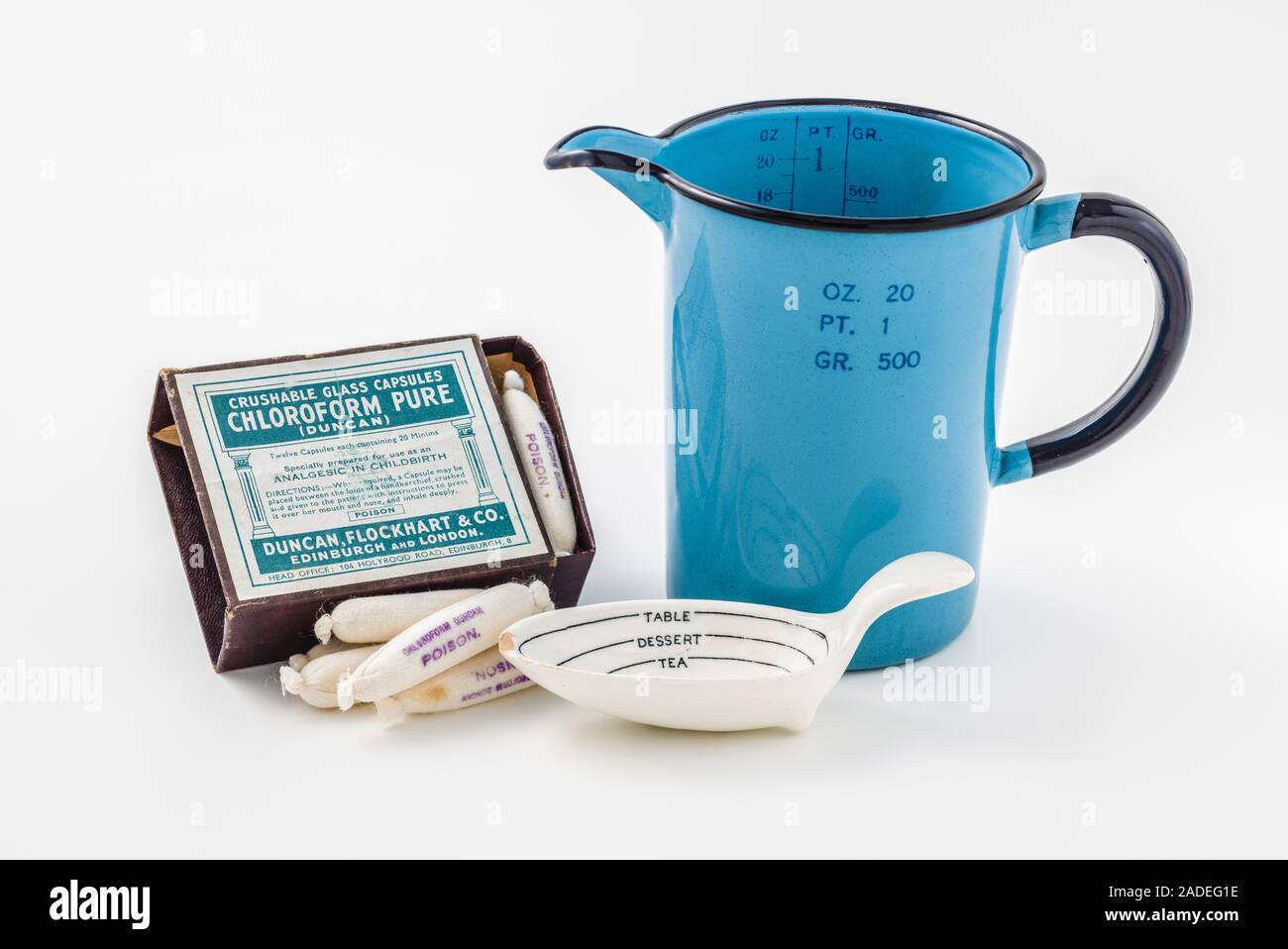 Box of chloroform capsules with a measuring jug and spoon Stock Photo ...