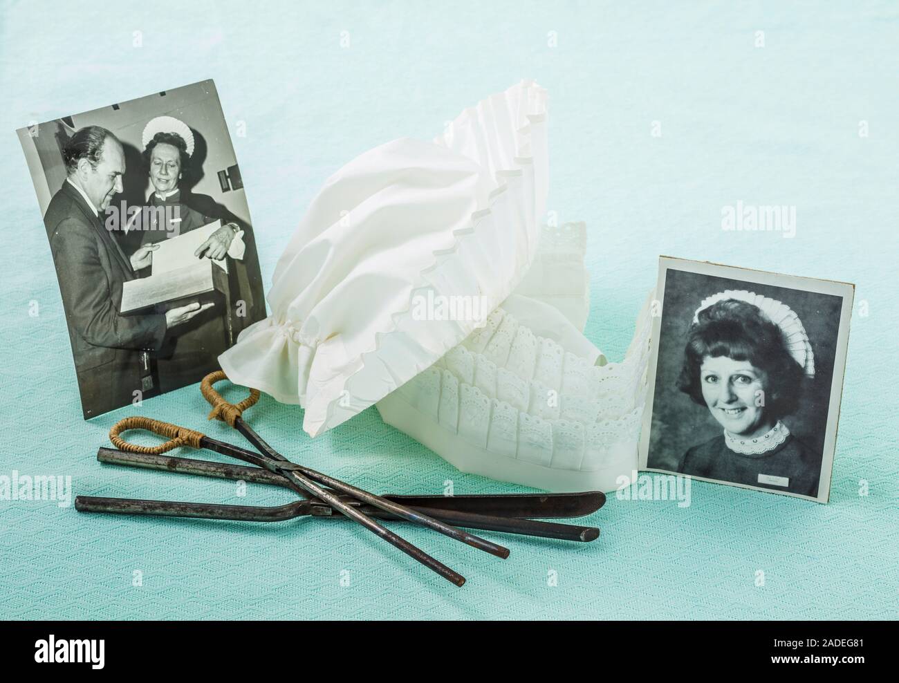 Matrons caps with goffering irons and black and white photographic ...