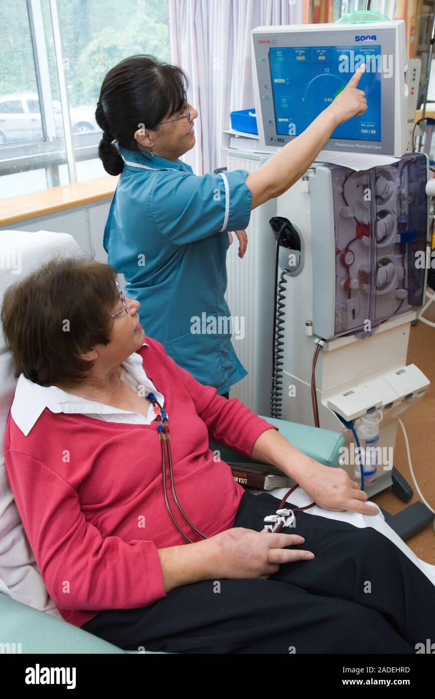 Nurse showing a patient the monitor of a dialysis machine on the ...