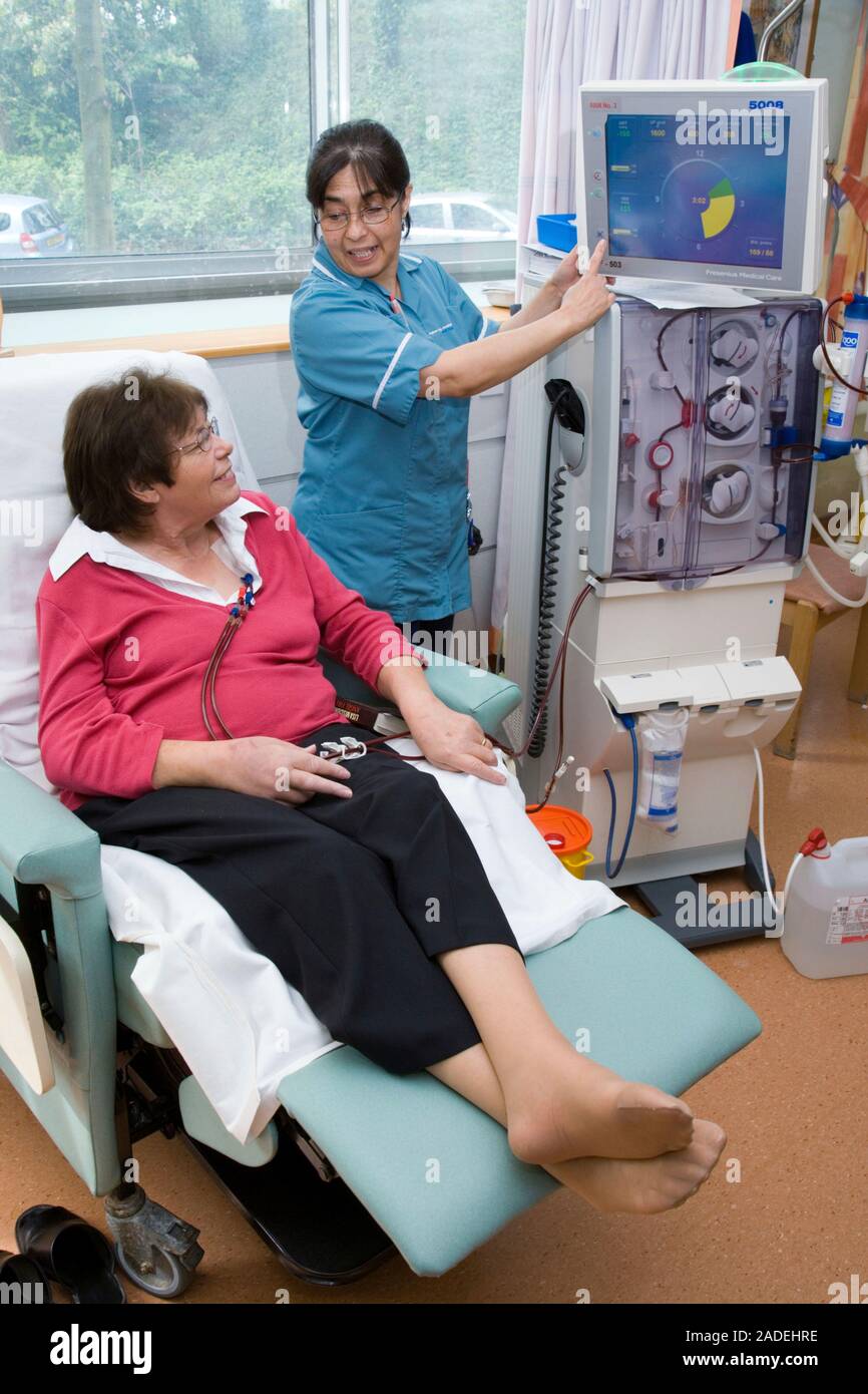 Nurse showing a patient the monitor of a dialysis machine on the ...