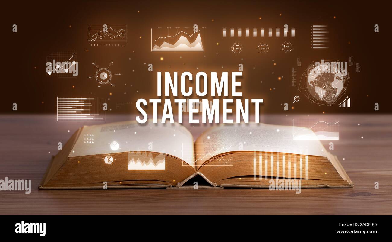 INCOME STATEMENT inscription coming out from an open book, creative ...