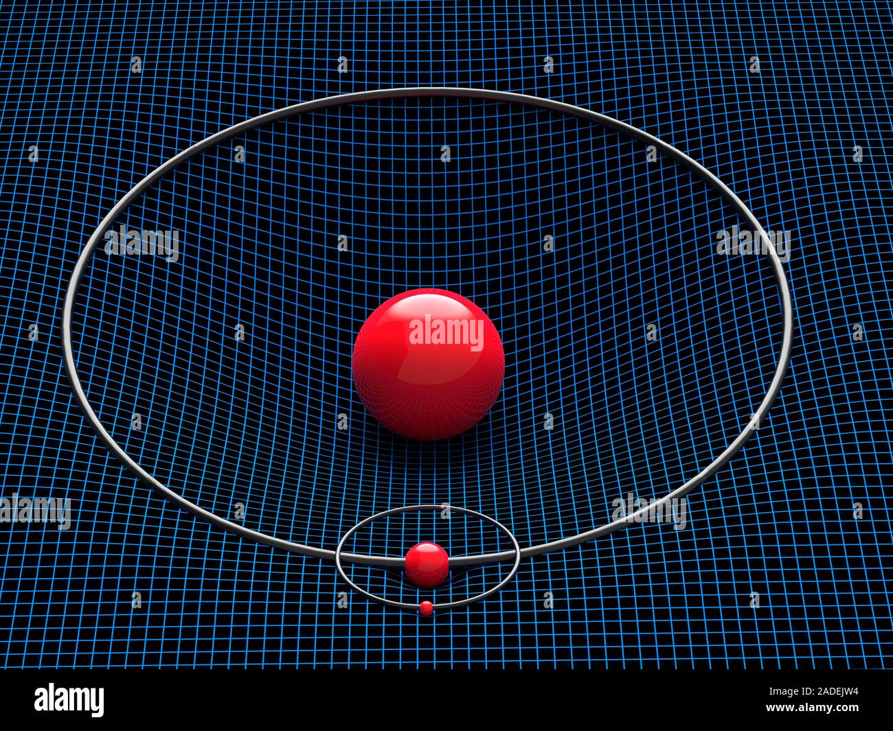 Sun, Earth and Moon in spacetime. Computer illustration showing ...