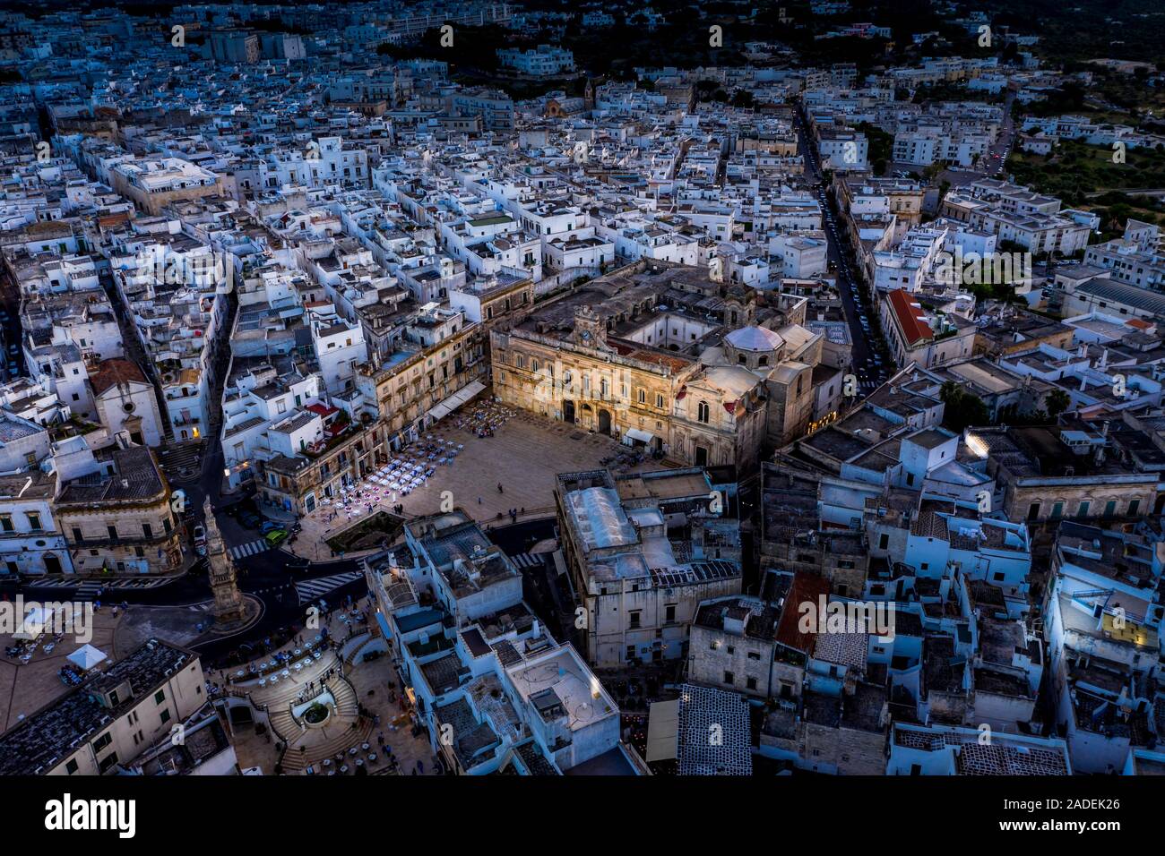 Aerial view, village view, white mountain village at dusk, Ostuni ...