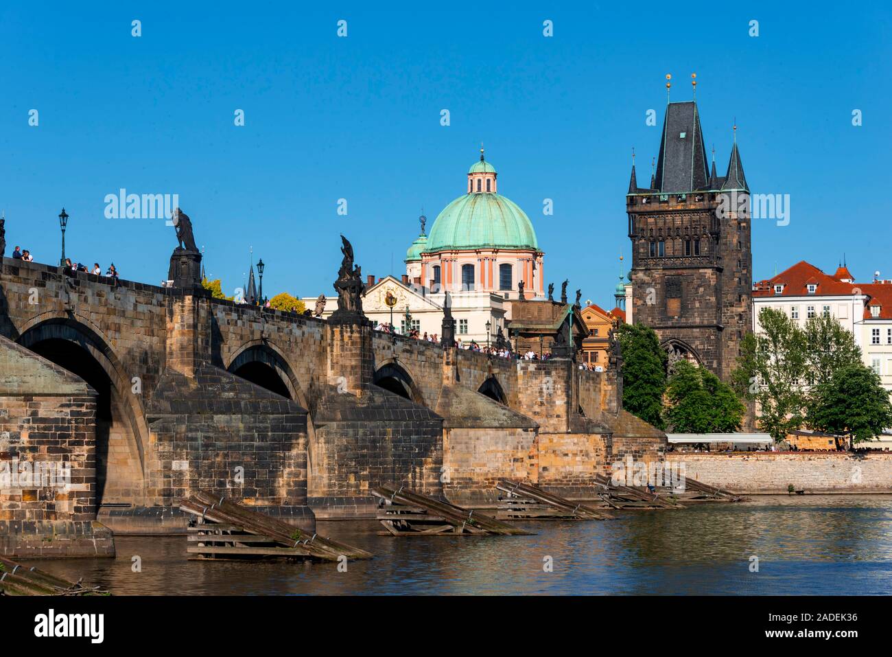 Vltava River, Charles Bridge with Old Town Bridge Tower and Dome of the Church of the Knights of ...