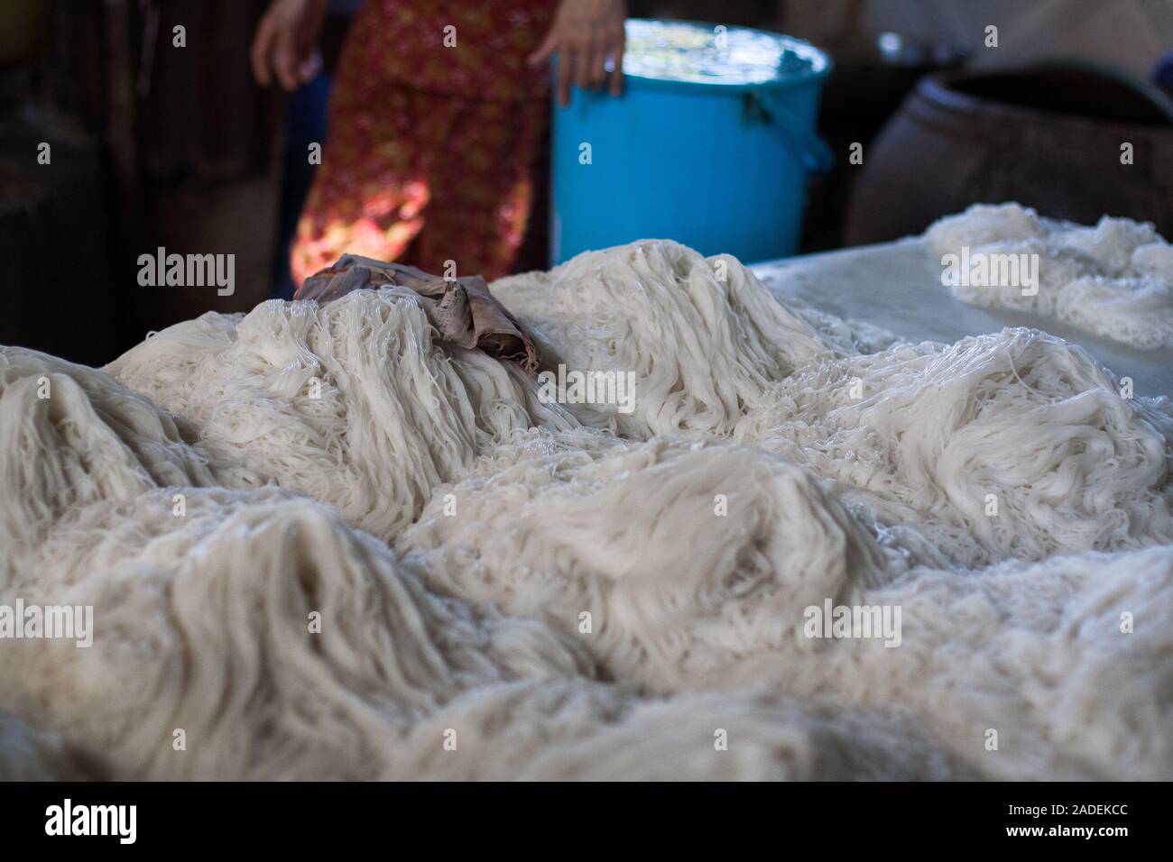 Closeup of vietnamese rice noodles during artisanal production at a ...