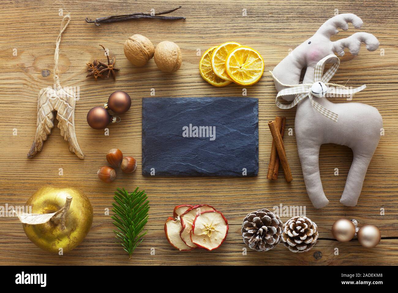 Christmas Themed Flat Lay On Wood Stock Photo - Alamy