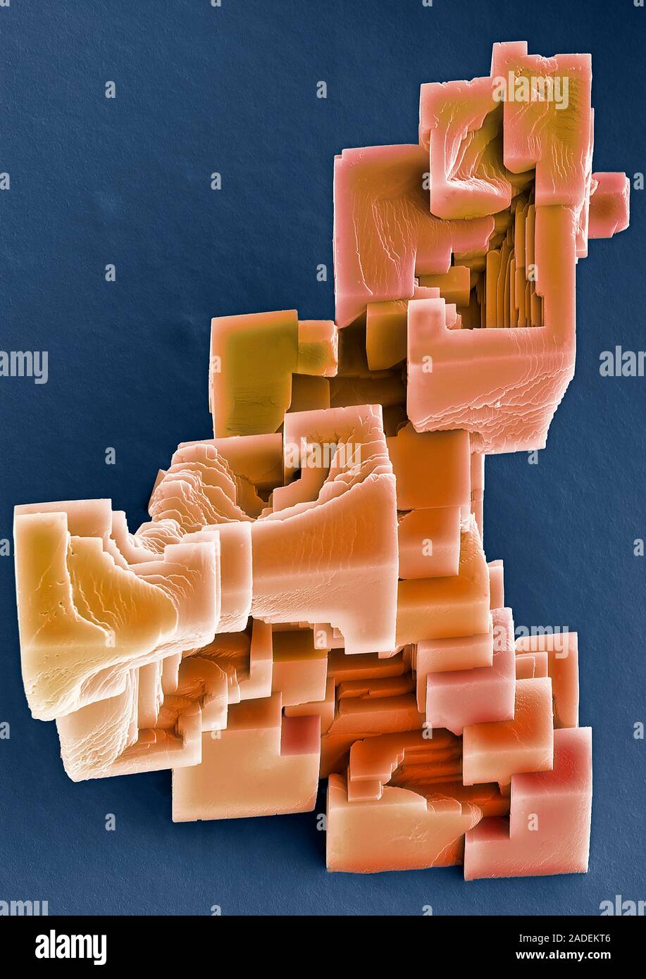 Calcite crystals. Coloured scanning electron micrograph (SEM) of ...