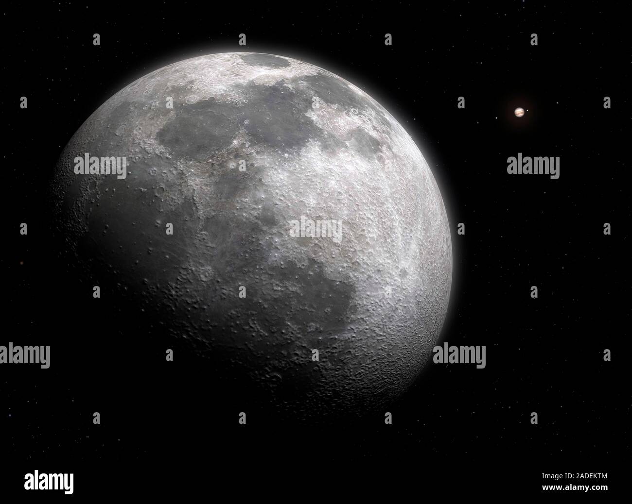 Illustration showing the relative sizes of the Moon and Jupiter seen ...