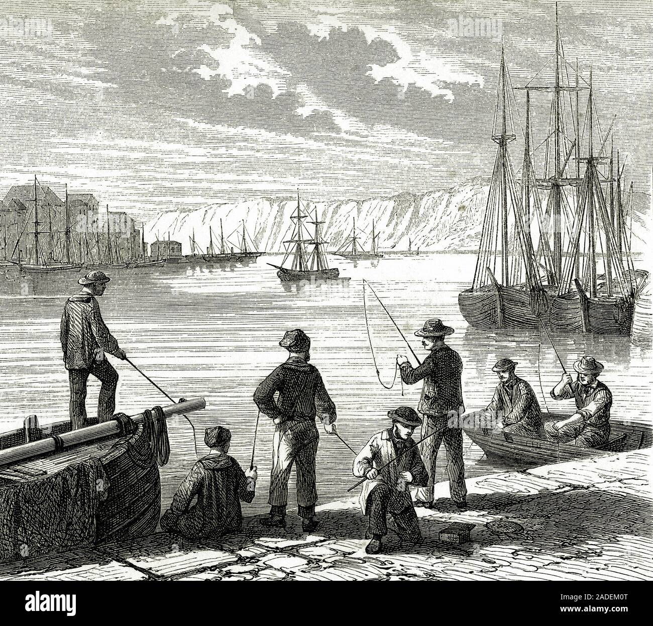Fishing from docks, 19th-century illustration. Artwork published in ...