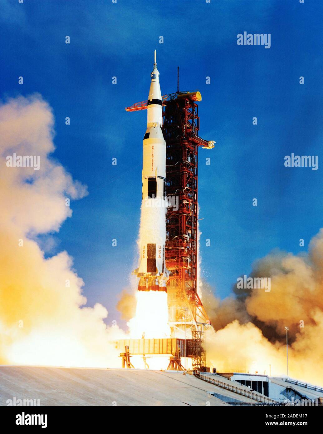 Apollo 11 spacecraft launching on top of a Saturn V rocket from Kennedy ...